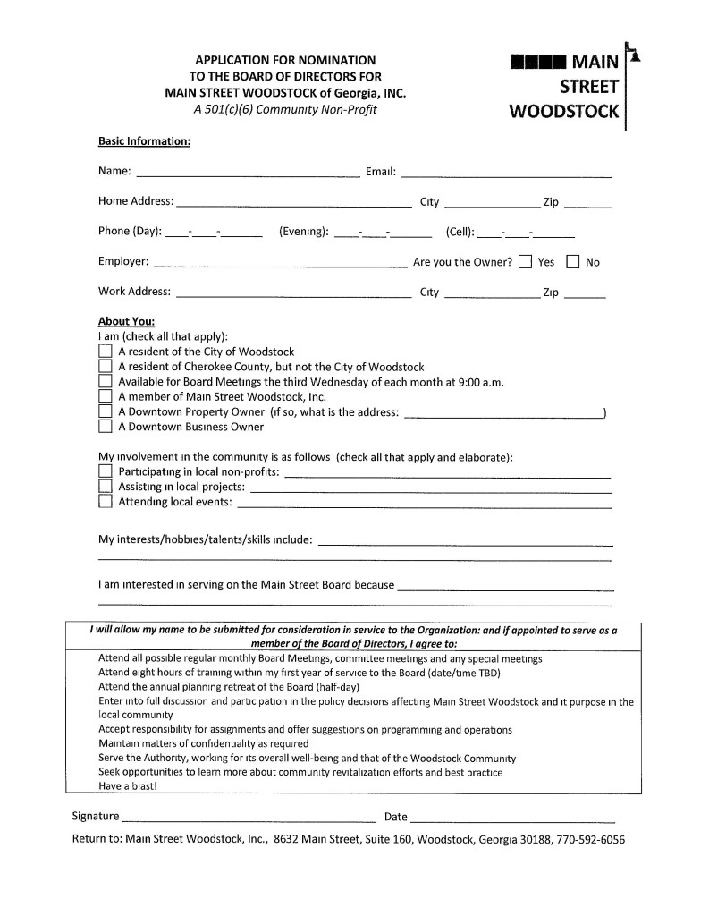 Sample Board Member Application- Woodstock | Georgia Mainstreet